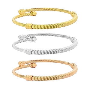 EDFORCE 3 Tone Stainless Steel Hypoallergenic Stacked Twisted Cable Wire Bangle Adjustable Cuff Bracelet Set, Set of 3, 6"-7.5" (Wire)