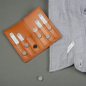 Würkin Stiffs Assorted Power Stays Magnet Collar Stay Travel Set | Tan Leather Wallet Case | Gift for Men | Seen on Shark Tank