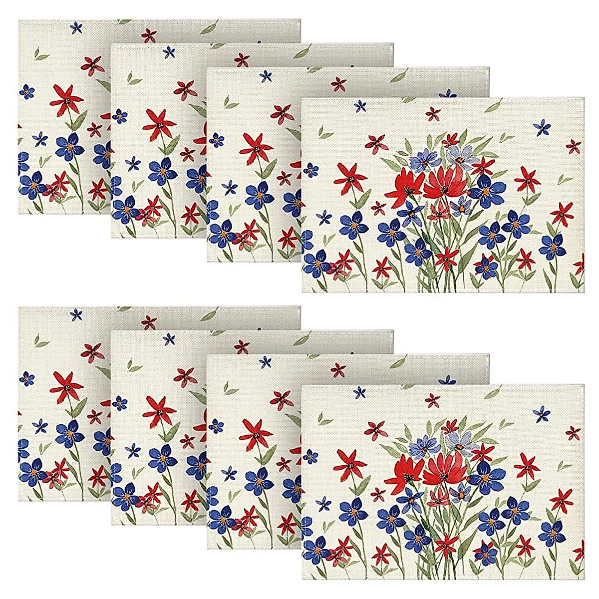 Artoid Mode Poppy Flowers Leaves 4th of July Placemats Set of 8, 12x18 Inch Featival Holiday Table Mats for Party Kitchen Dining Decoration