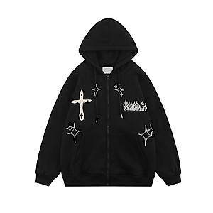 Gnoved Y2K Hoodie Thick Women Men Cross Aesthetic ZIp Up Sweatshirt Long Sleeve Jacket Fashion Streetwear Clothes.(Black1-L)