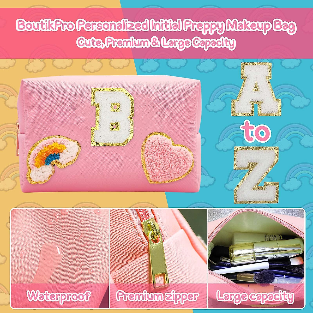 Personalized Inital Preppy Makeup Bag Set with Zipper, Monogram Waterproof Travel Cosmetic Bag for Women, Cute Preppy Patch Toiletry Bag for Traveling Outdoors, Gift Ideal for Christmas Thanksgiving