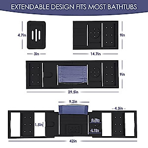 Foldable Bathtub Caddy Tray, Bamboo Bath Tub Tray Table for Tub with Wine Glass Holder Book Phone Tablet Holder with Extending Sides, Adjustable Bathroom Bathtub Free Soap Holder Gift Idea (Black)