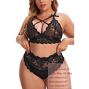 Aranmei Plus Size Lingerie Set for Women High Waisted Bra and Panty Set Sexy Criss-cross Lace Bralette Sets 2 Piece Underwear Black XX-Large