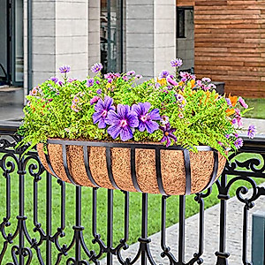 LAVEVE 24’’ Window Box Railing Planter with Coco Liner (4 Pack), Balcony Metal Hanging Planter Bracket with Coconut Liner for Outdoor, Fence, Porch and Patio