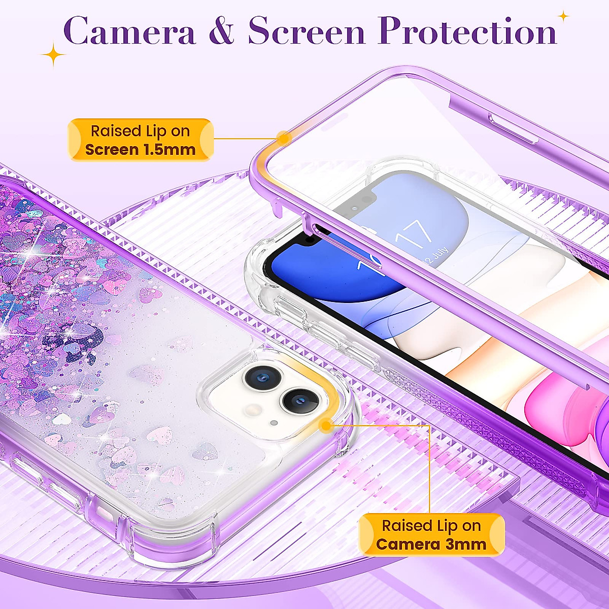 Ruky for iPhone 11 Full Body Case with Built-in Screen Protector Glitter Liquid Floating Shockproof Protective Girls Women Heavy Duty Phone Case for iPhone 11 6.1 inches 2019 (Gradient Purple)