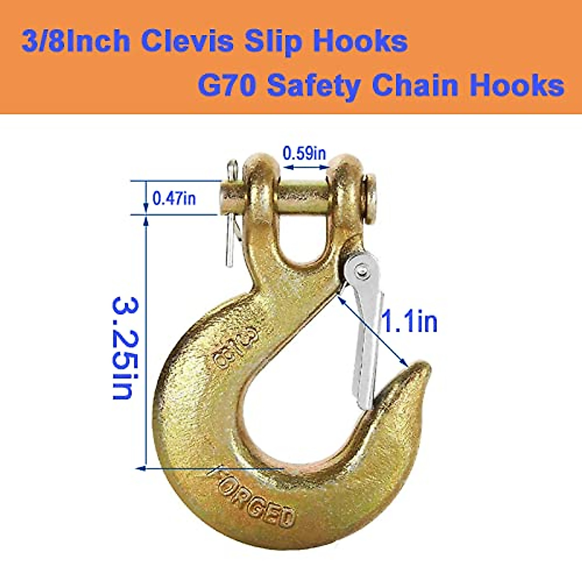 Accoladesound 2PCS 3/8 Inch Clevis Slip Hook with Safety Latch, G70 Forged Steel for Trailer, Heavy Duty Chain Hooks Deck Hauler Receiver Hitches Trailer,18,000lbs Capacity, Gold