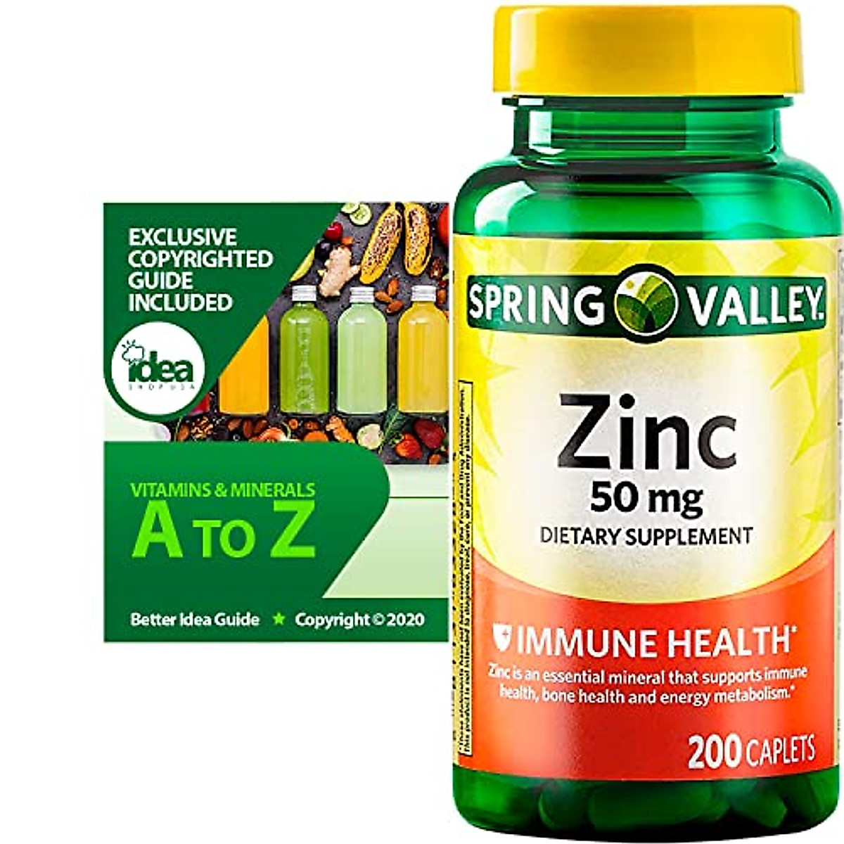 Zinc Caplets Dietary Supplement, Immune Health Support Compatible with Spring Valley, 50 mg, 200 Ct Bundle with Exclusive "Vitamins & Minerals A to Z" - Better Idea Guide (2 Items)