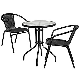Flash Furniture 23.75'' Round Glass Metal Table with 2 Black Rattan Stack Chairs