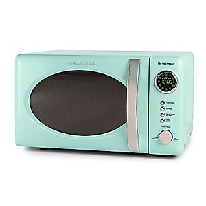 Nostalgia RMO7AQ Retro 0.7 Cu Ft 700-Watt Countertop Microwave Oven, 12 Pre Programmed Cooking Settings, Digital Clock, Easy Clean Interior, Aqua