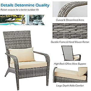 AECOJOY 2 Pieces Patio Adirondack Wicker Chair,PE Rattan Wicker Patio Dining Chair Set of 2, Grey Wicker Beige Cushion and Pillow for Garden, Backyard, Porch