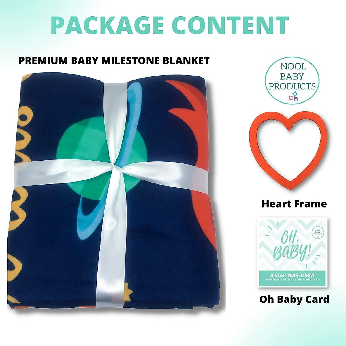 NOOL BABY PRODUCTS Baby Monthly Milestone Blanket w/Heart Frame, White Ribbon, Bonus Gift Card |Newborn Photo Prop with Growth Tracker | Cute, Large (47” x 47 “), Soft, Gender Neutral, boy, Girl