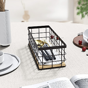Brown Small Metal Wire Storage Basket, Detachable Wood Base, Cabinet Organization and Storage, for Pantry, Snack Drawer, Kitchen Cabinets, Bathroom