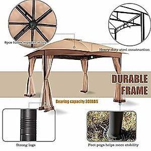BBQ Gazebo Canopy 10x12 Gazebo for Patio, Double Vent Canopy 10 x 12 ft Straight Leg(Khaki) Grill Gazebo Shelter for Patio, Garden