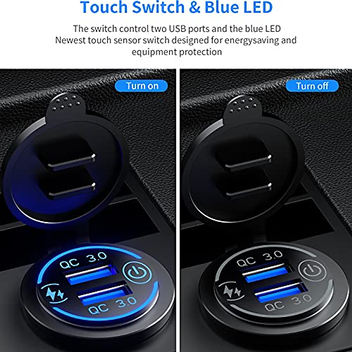 Kewig Quick Charge 3.0 Dual USB Charger Socket Waterproof 36W 12V 24V USB Outlet Fast Charge with Touch Switch & Blue LED DIY Kit for Car Boat Marine ATV Bus Truck Golf Cart and More
