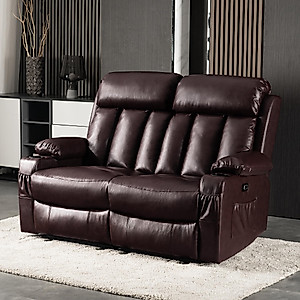 MCombo Power Loveseat Recliner, Electric Reclining Loveseat Sofa with Heat and Vibration, Cup Holders, USB Charge Port for Living Room 6075 Faux Leather (Loveseat Recliner, Dark Brown)