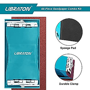 Sandpaper 65Pcs, Sand Paper, Sandpaper Assortment 80/120/400/600Grit, Assorted Sandpaper for Wood, Sanding Sponges, Sanding Handle, Heavy Grit Sandpaper Sheets for Wood, Metal, Wet and Dry Sanding