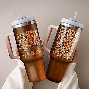 WAZONE Personalized Book Lover Tumbler 40oz with Handle and Straw Stainless Steel Travel Coffee Mug Reading Custom Gifts Birthday Christmas for Librarian Bookish Book Lovers Women Girls