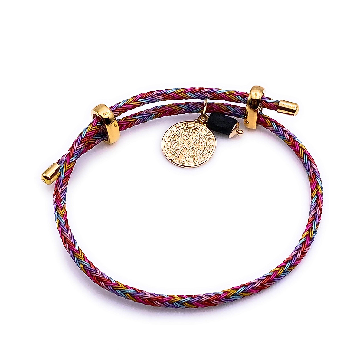 LESLIE BOULES 18K Gold Plated Saint Benedict Colored String Bracelet Charm Genuine Azabache Stone