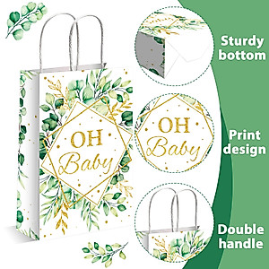ZOIIWA 12pcs Oh Baby Party Favors Bags Sage Green Candy Bags Eucalyptus Leaf Treat Bags Gold Foil Greenery Goodie Bags for Sage Boho Woodland Neutral Baby Shower Party Decorations Supplies
