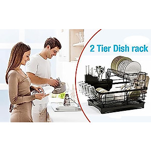 MontNorth Dish Drying Rack for Kitchen Counter, Large Rust-Proof Dish Strainer with Drainboard,2 Tier Dish Drainers with Utensil Holder, Cups Holder,Space-Saving, Easy to Assemble,Black