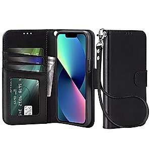 Lugege Compatible with iPhone 13 Case Wallet Flip Folio Case [Kickstand] with RFID Blocking Card Holders [Shockproof] and Wrist Strap Phone Cover Black
