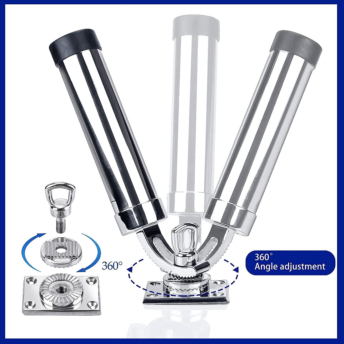 All Angle Deck-Mount Adjustable Fishing Rod Holder - 360° Adjustable - Flange Mount 90 Degrees, Marine Quality (Square Base)