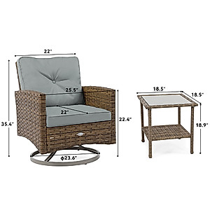 YITAHOME 3 Pieces Patio Furniture Outdoor Rocking Chair Bistro Set, Wicker Rocking Conversation Chairs with Cushions and Side Table for Garden, Backyard and Balcony, Tan Chairs and Dark Gray Cushions