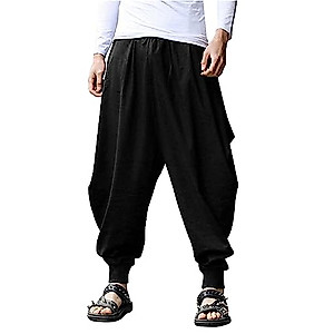 COOFANDY Men Linen Baggy Harem Pant Hippie Pants Yoga Casual Drop Crotch Trouser Black