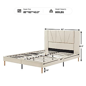 Flolinda Queen Size Bed Frame Upholstered Platform with Complete Headboard and Strong Wooden Slats, No Box Spring Needed, Easy Assembly,Beige
