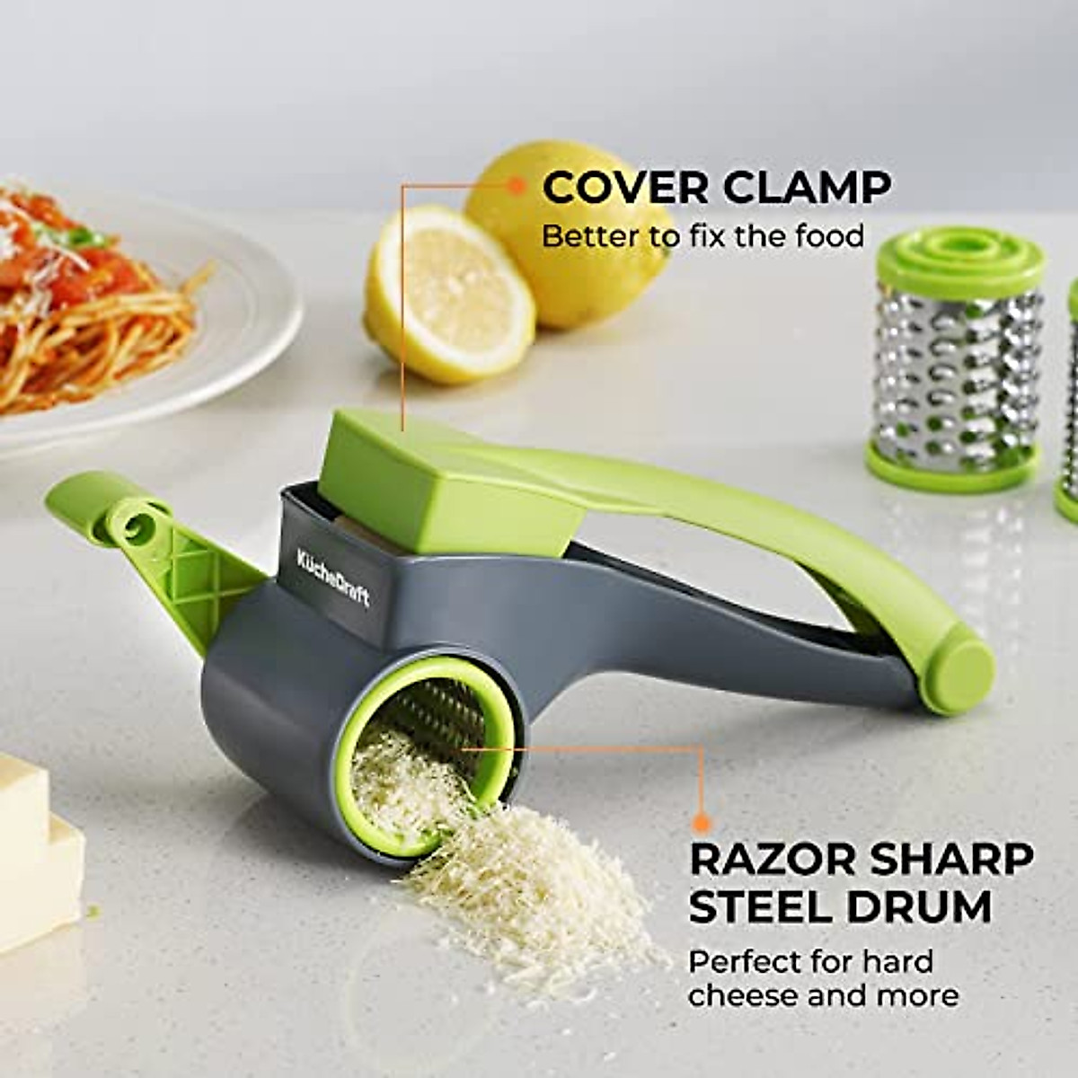 KucheCraft Cheese Grater with Handle, Kitchen Parmesan Cheese Grater with 2 Stainless Steel Drums, Rotary Cheese Grater Handheld for Grating and Shredding Hard Cheese, Chocolate, Nuts