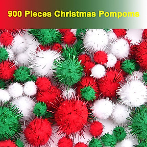 Livder Christmas Pom Poms Pompoms Red Green White Glitter Fluffy Balls, DIY Art Crafts Decorations Supplies (4 Sizes, 900 Pieces)