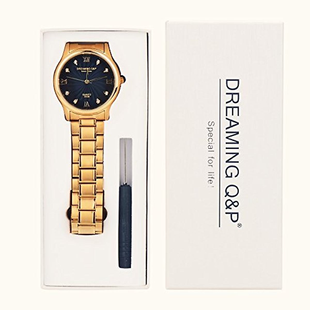 DREAMING Q&P IP Gold Plating Steel Roman Numeral Dial with Rhinestones Luxury Mens Wrist Watches for Man Black 003