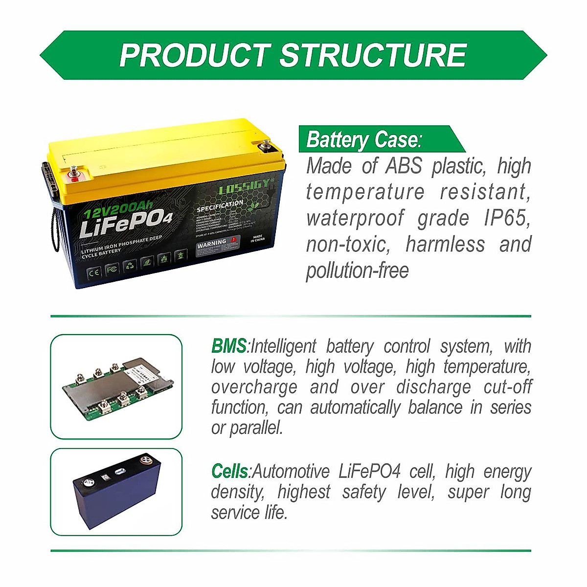 LOSSIGY 12V 200AH LiFePO4 Lithium Battery with BMS, 2560Wh Deep Cycle Power Supply, Perfect for Solar System, RV, Marine, Off Grid, Golf Cart
