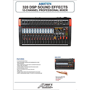 Audio2000'S AMX7374 12-Channel Audio Mixer with 320 DSP Sound Effects, Stereo Sub Out with Sub-Out Level-Control Fader, Level-Control Faders on All Channels, and USB/Computer Interface