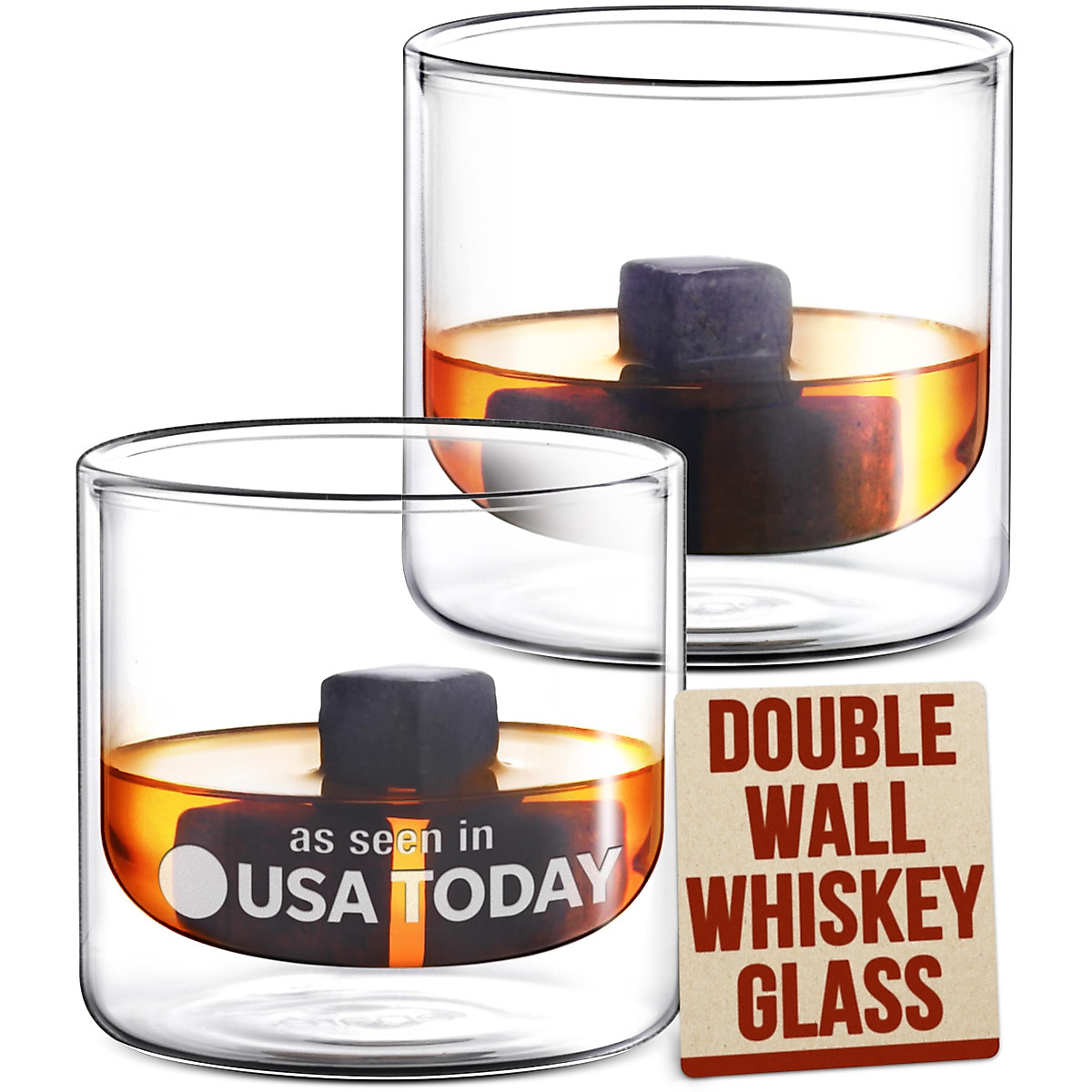 Eparé Whiskey Glasses Set of 2-9 oz Double Wall Bourbon Rock Glass - Neat Whisky Bar Glassware - Scotch Old Fashioned or Liquor Cocktail Tumblers