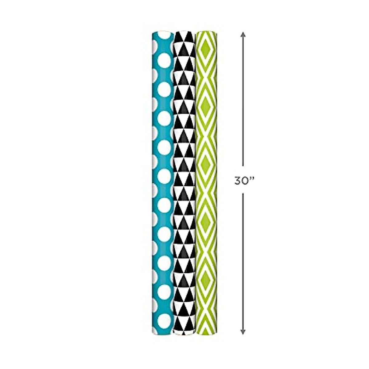 Hallmark All Occasion Reversible Wrapping Paper (3 Rolls; 75 sq. ft. ttl) Black and White Triangles, Dots Blue, Lime Green Diamonds, Solid Yellow, Orange, Blue for Birthdays, Halloween, Father's Day