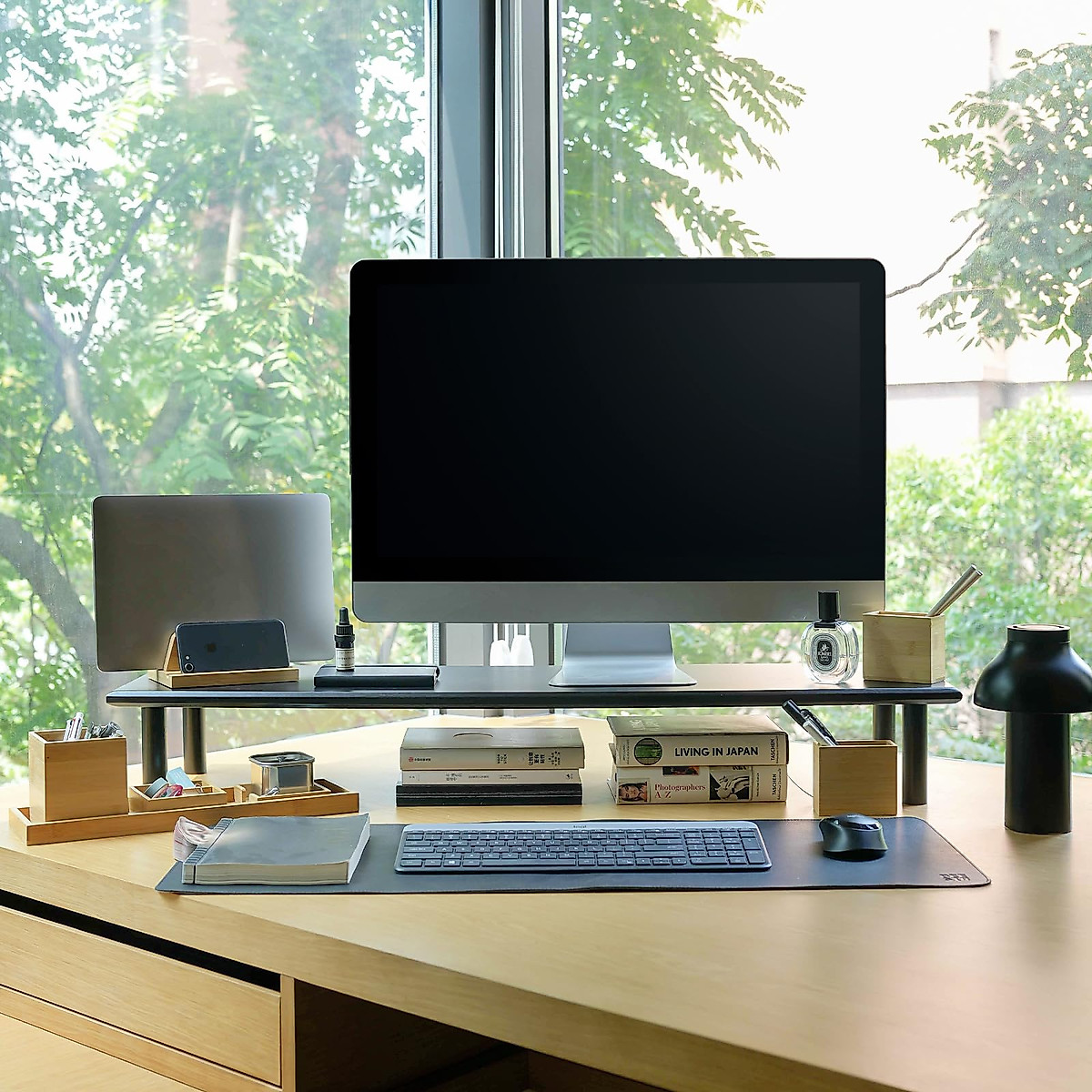 ROCDEER Bamboo Dual Monitor Stand Riser, Black Desk Monitor Riser for 2 Monitors Supports for Monitor, Printer, Heavy TV Riser up to 300 lbs