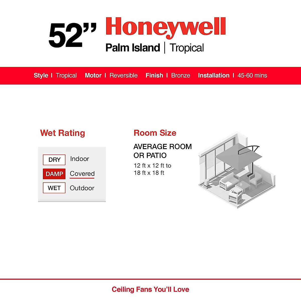 Honeywell Ceiling Fans Palm Island, 52 Inch Tropical Indoor Outdoor Ceiling Fan with No Light, Pull Chain, Three Mounting Options, 5 Palm Leaf Blades, Wet-Rated - 50207-01 (Bronze)