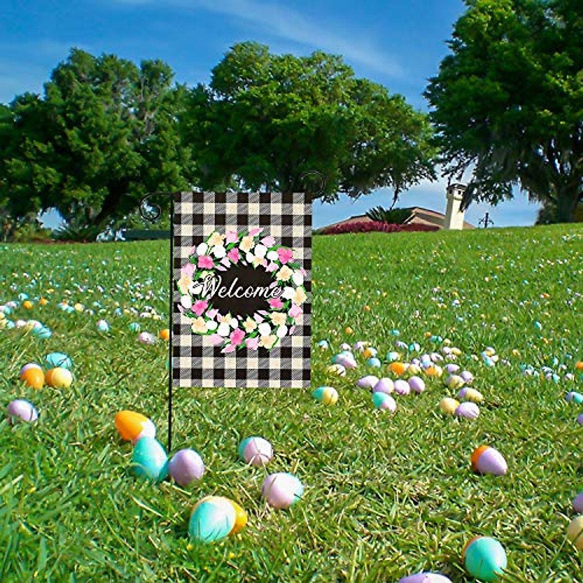 GROBRO7 Easter Buffalo Plaid Garden Flag Burlap Rabbit Flag House Decorative Welcome Checkered Yard Decoration Double Sided Print Seasonal Outdoor Décor for Happy Easter Day 12"x18"