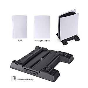 ECHZOVE PS5 Stand with Controller Charger and Cooling Fan, PS5 Digital/Disc Version Stand, PS5 Controller Charger with USB C Cable, PS5 Cooling Stand