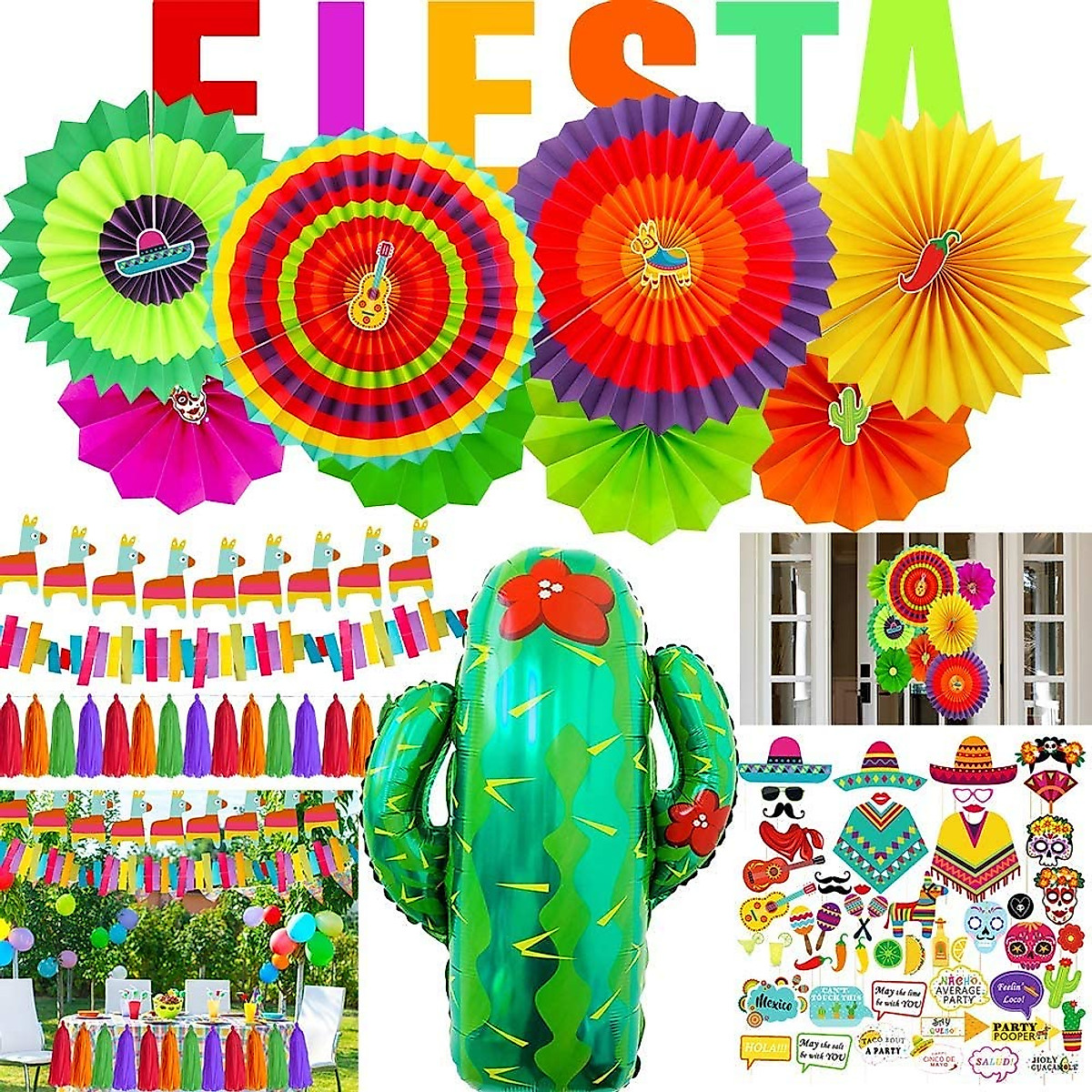 Fiesta Party Decorations Cactus Balloons Hanging Paper Fans Mexican Llama Banner Garland Tassel Garland Backdrop String for Bachelorette Kids Taco Cinco De Mayo Supplies