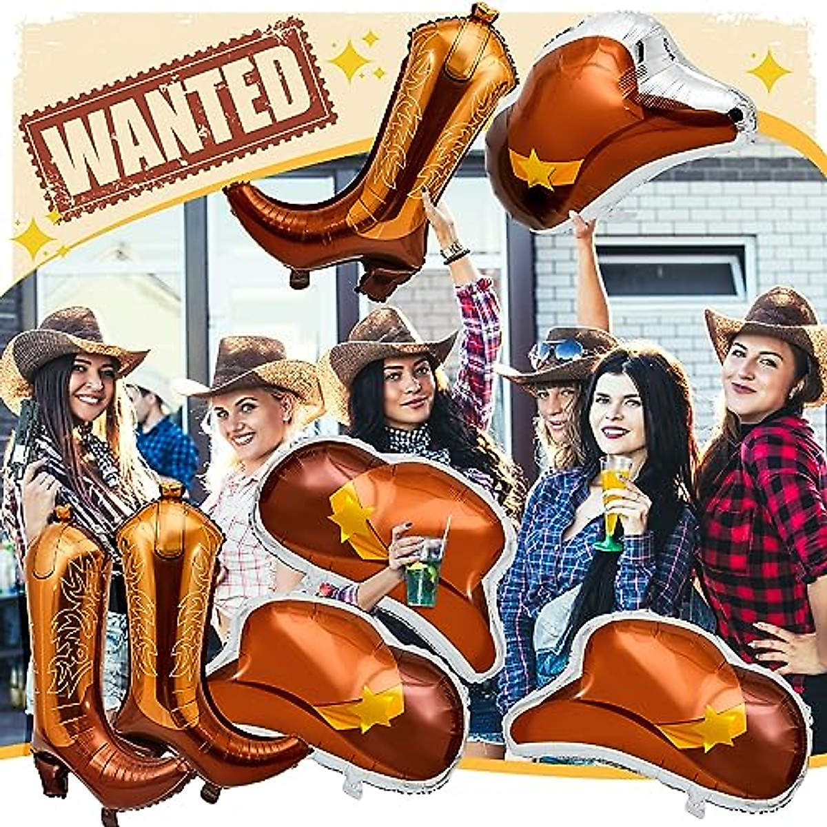 Wettarn 8 Pcs Western Themed Party Balloons Include 4 Pcs Cowgirl Boot Balloons and 4 Pcs Cowgirl Hat Foil Balloon, Bachelorette Party Decorations for Western Themed Birthday Party
