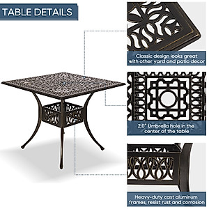 Sumshadow 5-Piece Cast Aluminum Outdoor Patio Dining Set, All Weather Cast Aluminum Outdoor Furniture Dining Set for Patio, Balcony, Lawn, Garden, Backyard w/4 Chairs and Cushions, 2.0" Umbrella Hole