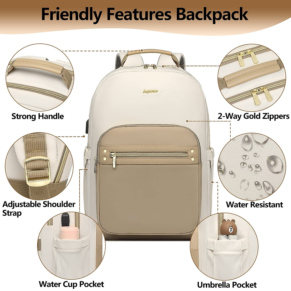 bagswan laptop backpack for Women - 15.6 inch Work Bags Travel Backpack with USB Charger College Bookbag Waterproof Business Computer Backpack Anti-theft Casual Backpacks for Nurse Teacher khaki