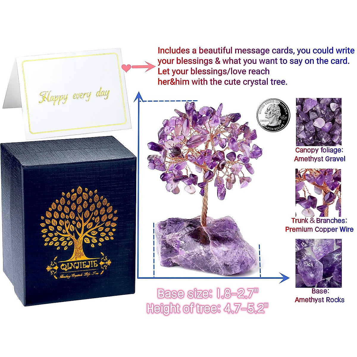 QINJIEJIE Amethyst Crystal Tree Crystals Healing Stones Reiki Natural Crystals Base Copper Wire Tree Life Spiritual Meditation Energy Room Office Desk Decor Purple Gifts for Women Men