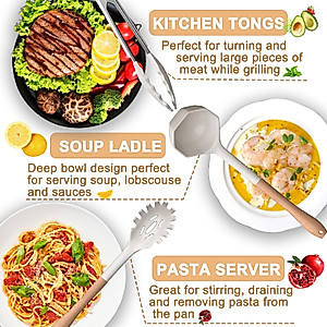 Kitchen Utensils Set- 13 Pcs Cooking Utensils with Tongs, Spoon Spatula &Turner Made of Heat Resistant Food Grade Silicone and Wooden Handles Kitchen Gadgets Tools Set for Nonstick Cookware (White)