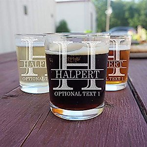 Personalized 2pk; set of two Engraved 2.5oz Shot Glass, Custom Etched Shot Glasses, Groomsmen, Customized Bridesmaid, Wedding Favors, Customized Birthday Gifts, Anniversary, Cute, Halpert Monogram