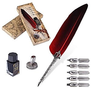 VABNEER Feather Quill Pen Retro Feather Pen Premium Metal Nibbed Pen Writing Quill Fit for Self-use,executive Gift and Antique Desk Decor (Bright Red)