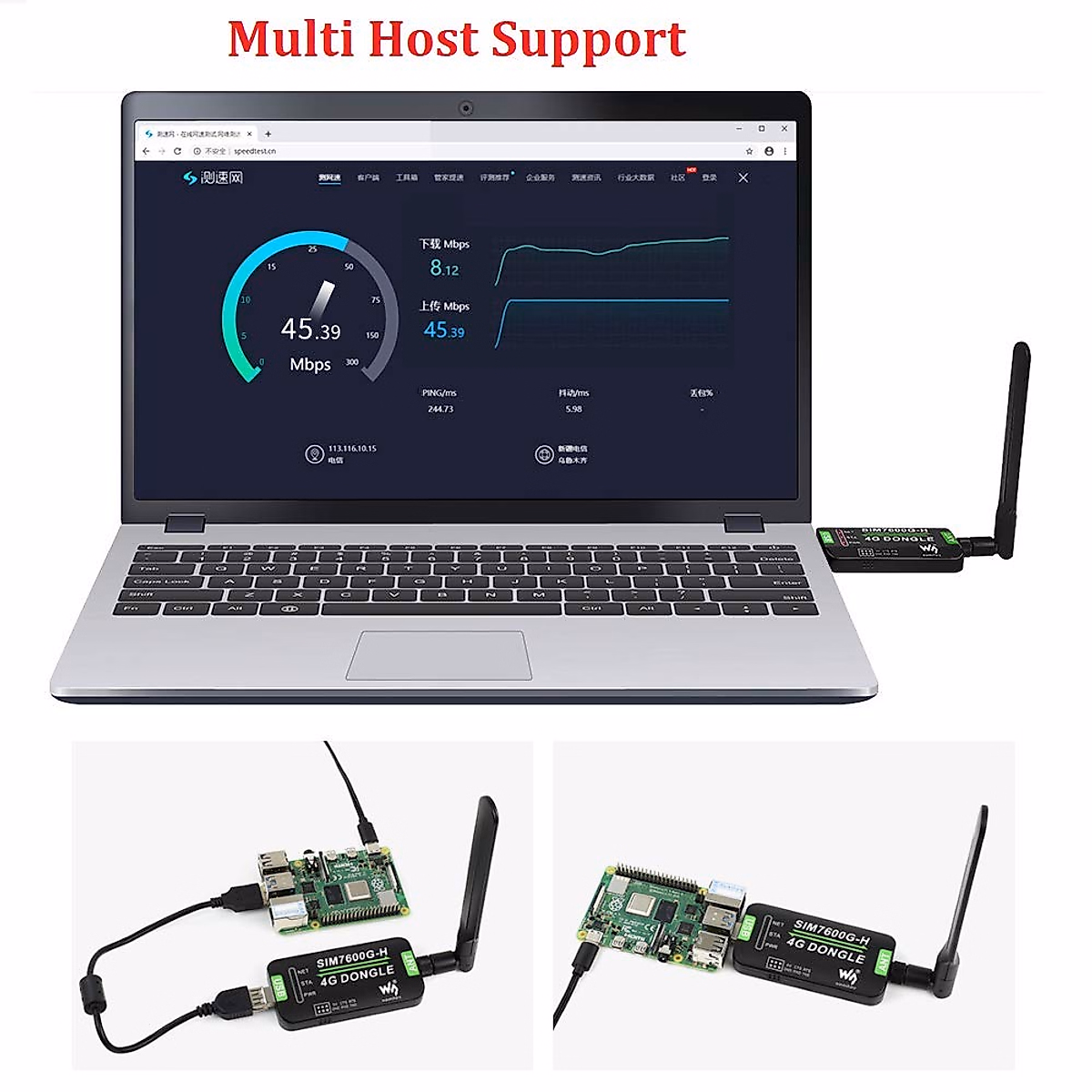 waveshare SIM7600G-H 4G DONGLE LTE USB Adapter for Industrial Grade 4G Communication and GNSS Positioning,Support/PC/Raspberry Pi/Drone/Industrial Computer,150Mbps Downlink Rate,Global Band Support