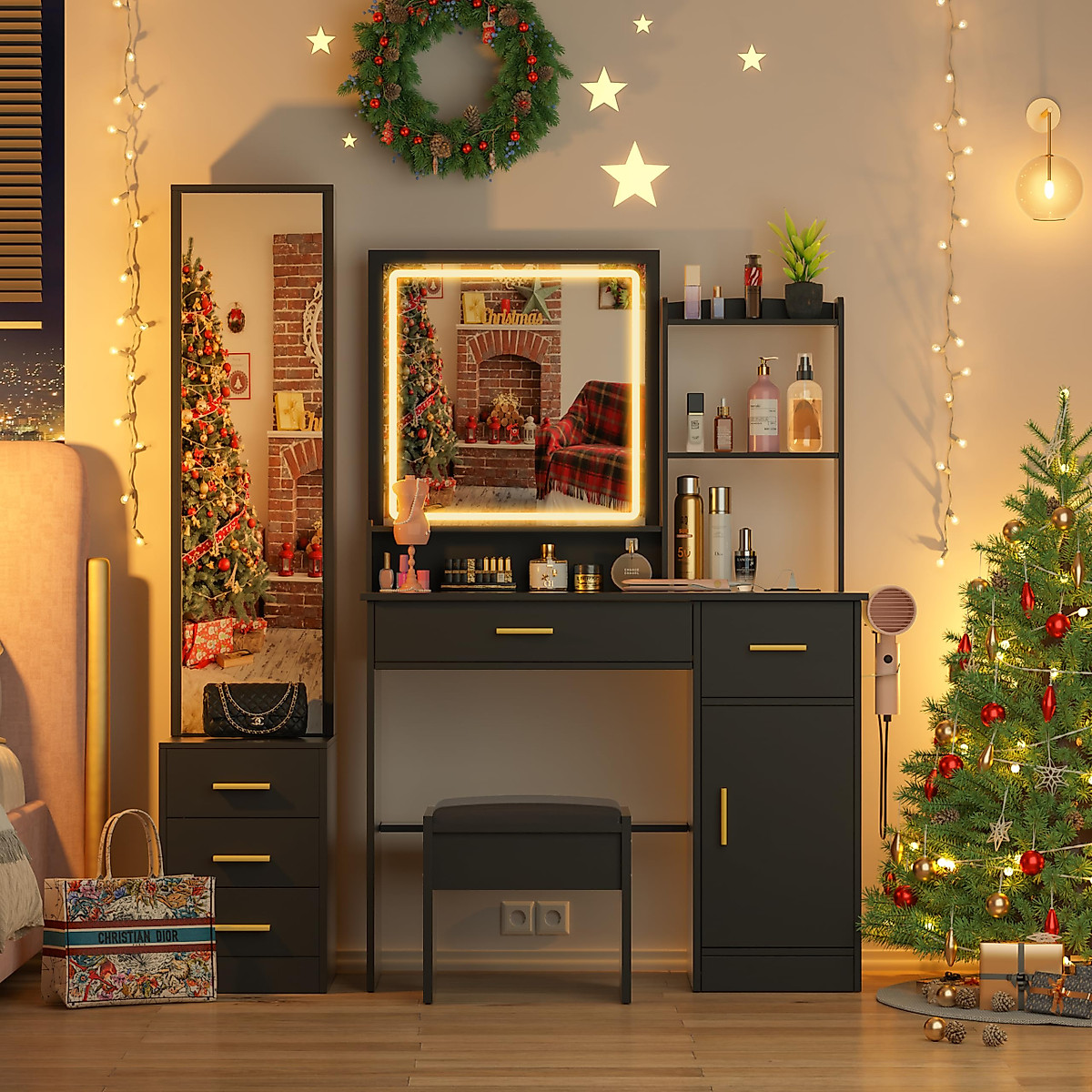 INTERGREAT Vanity Desk with Light and 2 Mirror,Makeup Vanity with 3 Color Lighting Mode,6 Drawers and Shelves,Makeup Mirror for Women and Grils' Bedroom(Black)